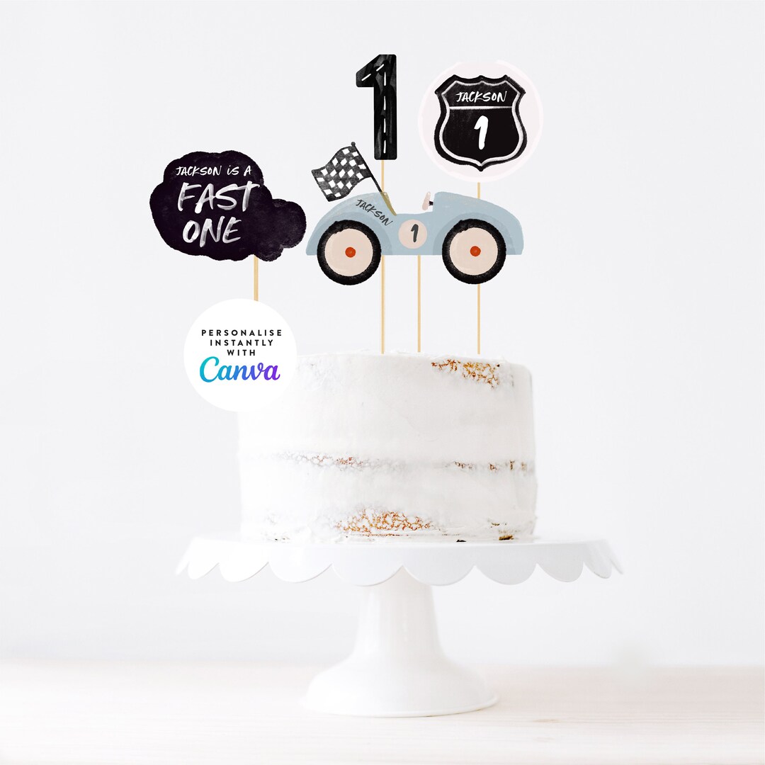Fast One Birthday Race Car Cake Toppers, Printable Vintage Car Cake ...
