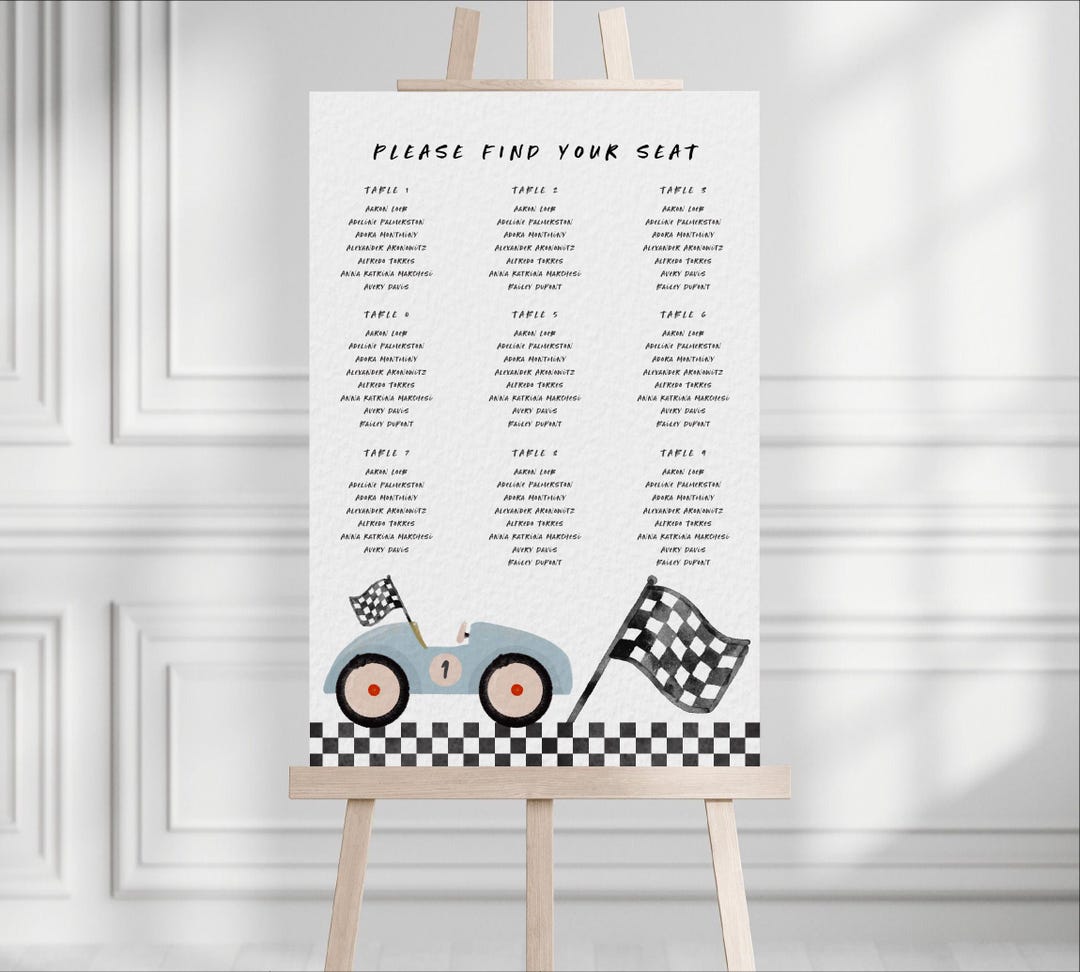 Race Car Seating Chart Birthday Race Car Find Your Seat Sign, Custom ...