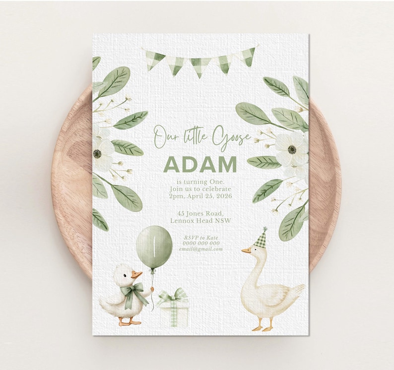 Silly Goose First Birthday Invitation, Editable Duck Party Template ...