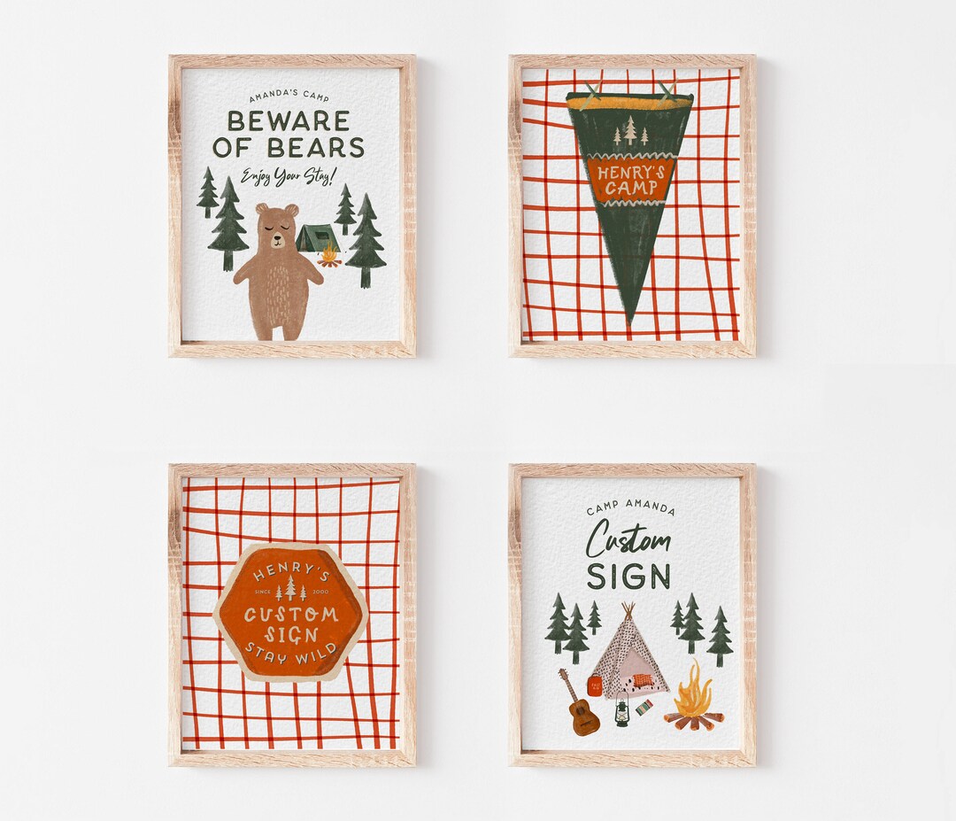 Editable Camping Signs, Glamping, Bear, Food Drink Camping Party Theme ...