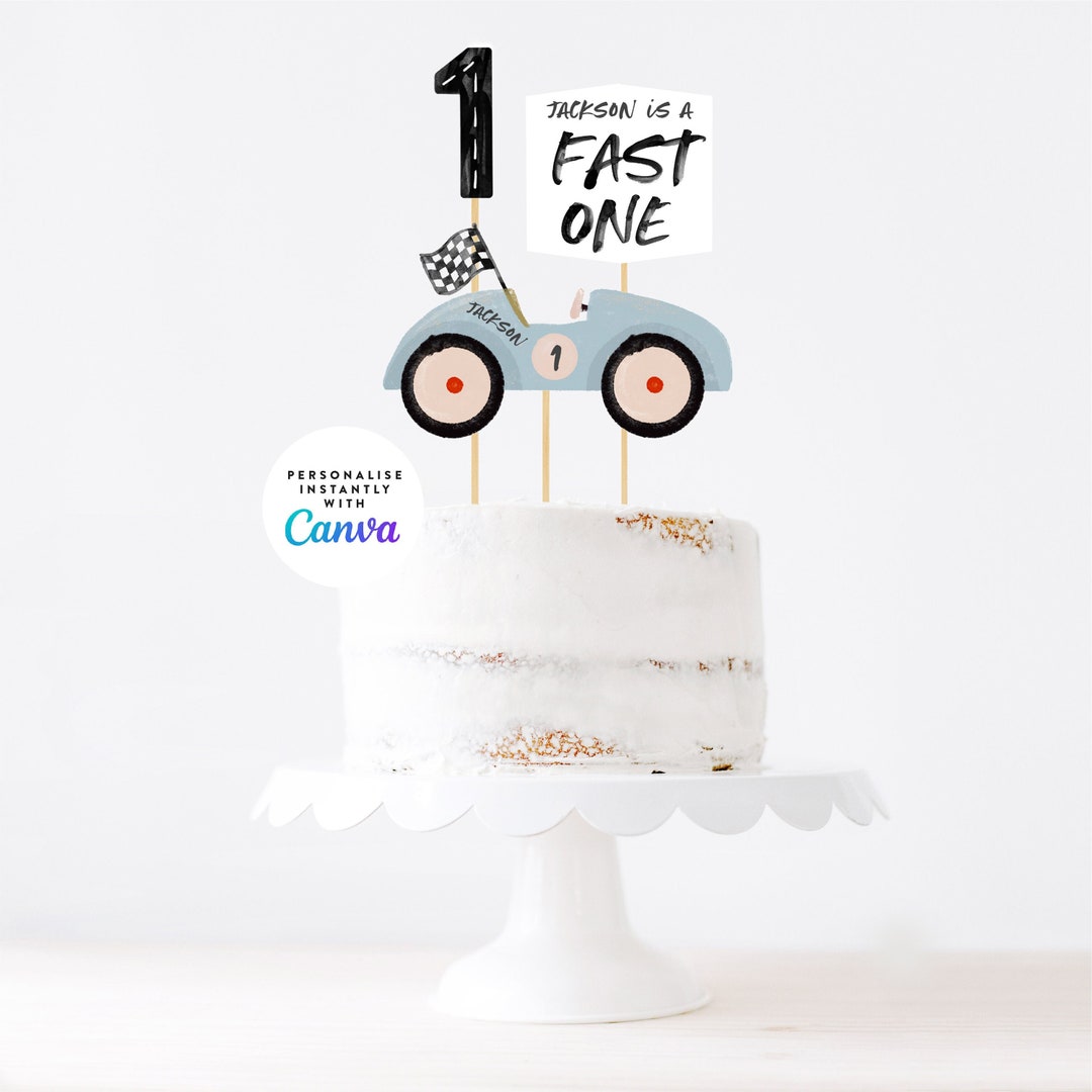 Fast One Race Car Cake Toppers, Printable Vintage Car Cake Topper, Two ...