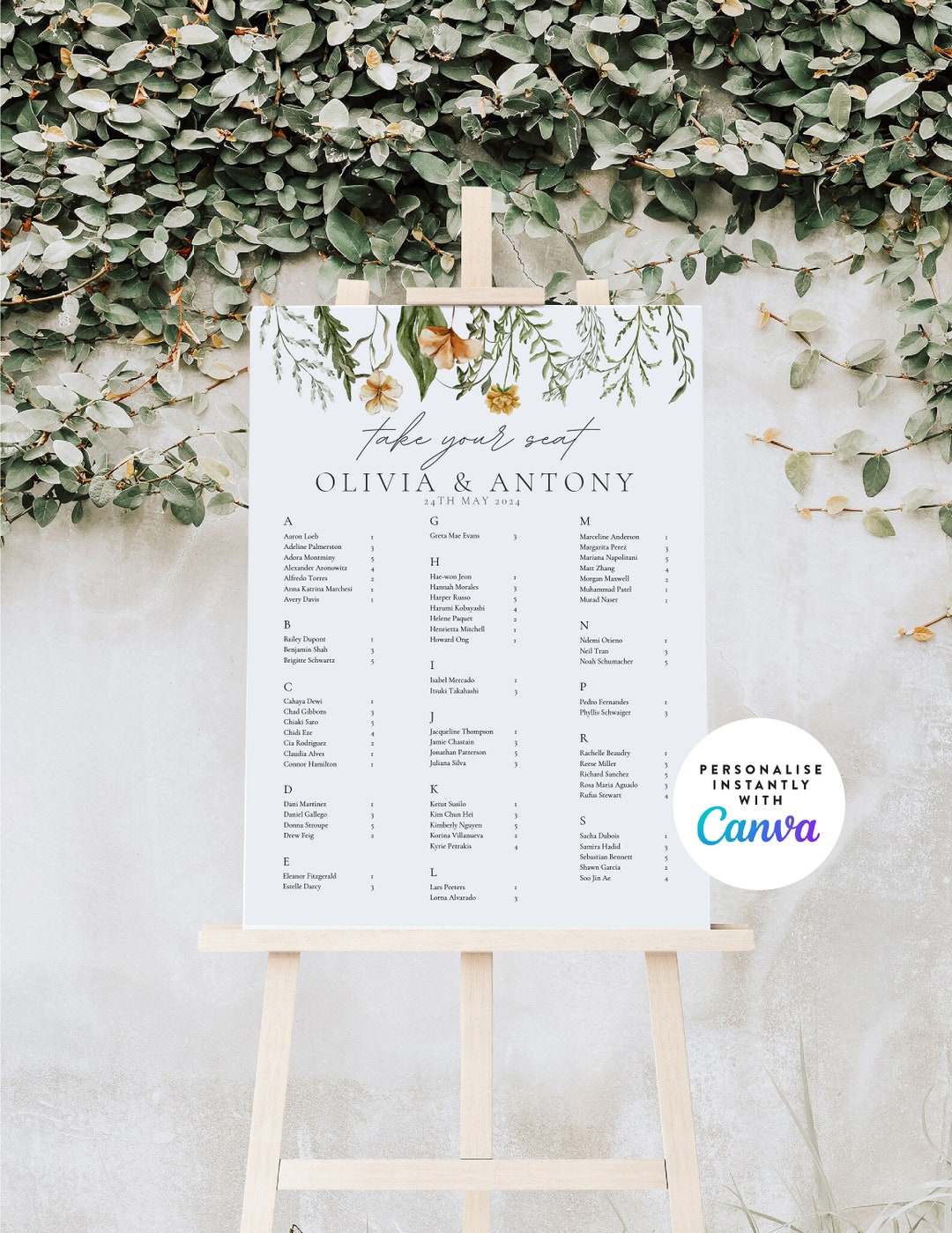 Wildflower Wedding Seating Chart Template, Floral Wedding Seating Plan ...