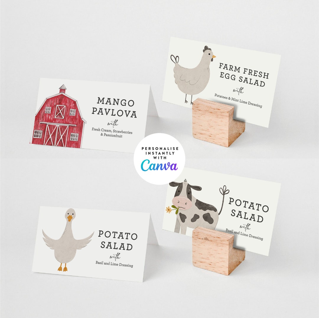 Farm Animals Food Labels Barnyard Birthday Food Cards Tent Card Cow ...