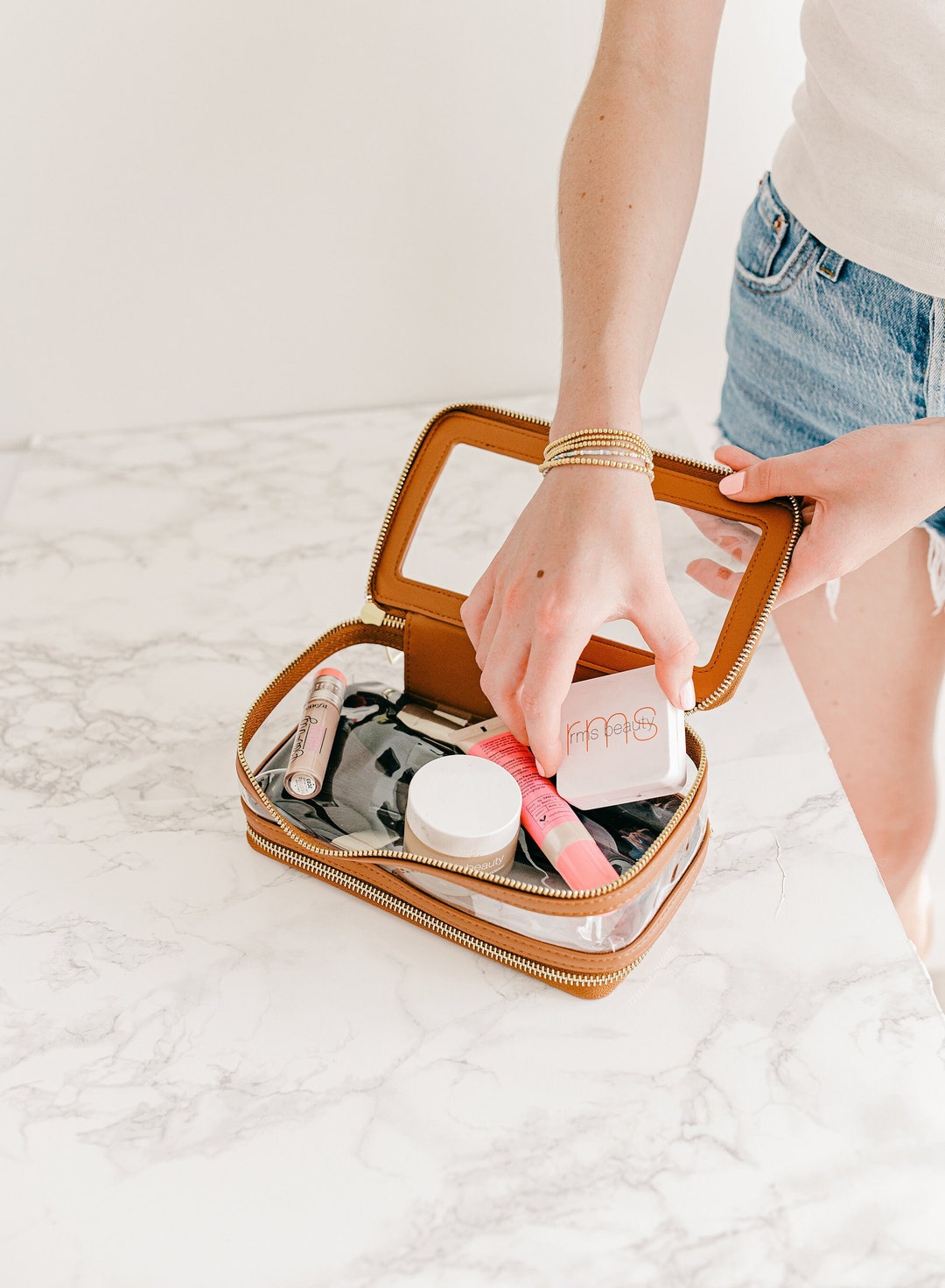 Clear Makeup Bag Leather Travel Make up Pouch Zippered Cosmetic Case ...