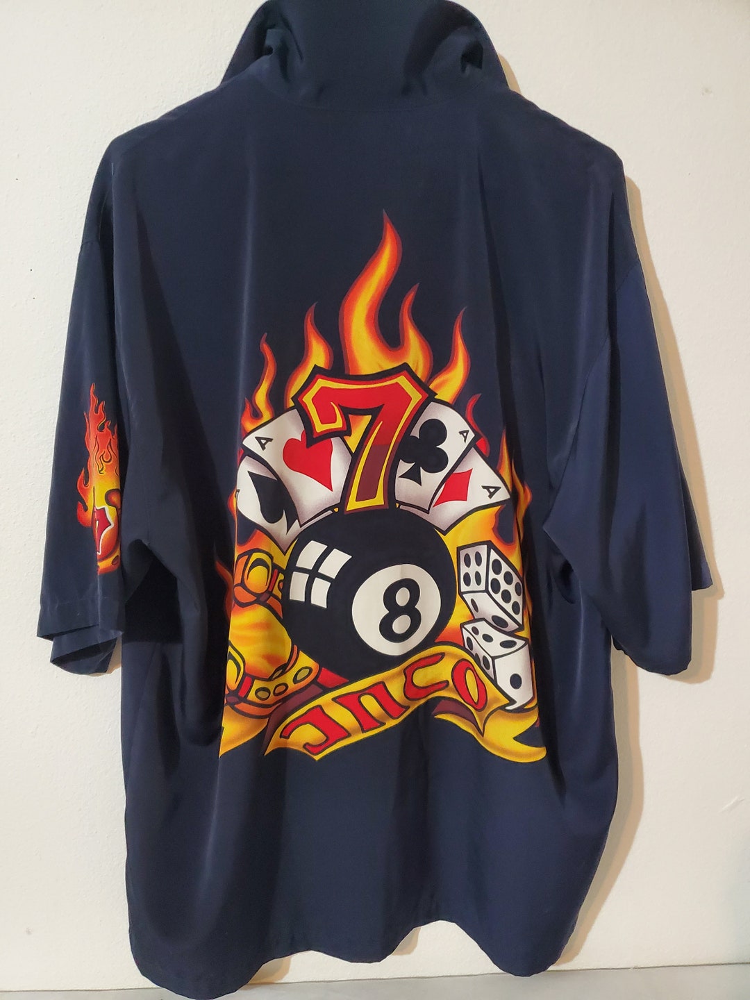 Vintage JNCO Shirt 8 Ball Dice Flames Cards Button up Collar Dark Blue ...