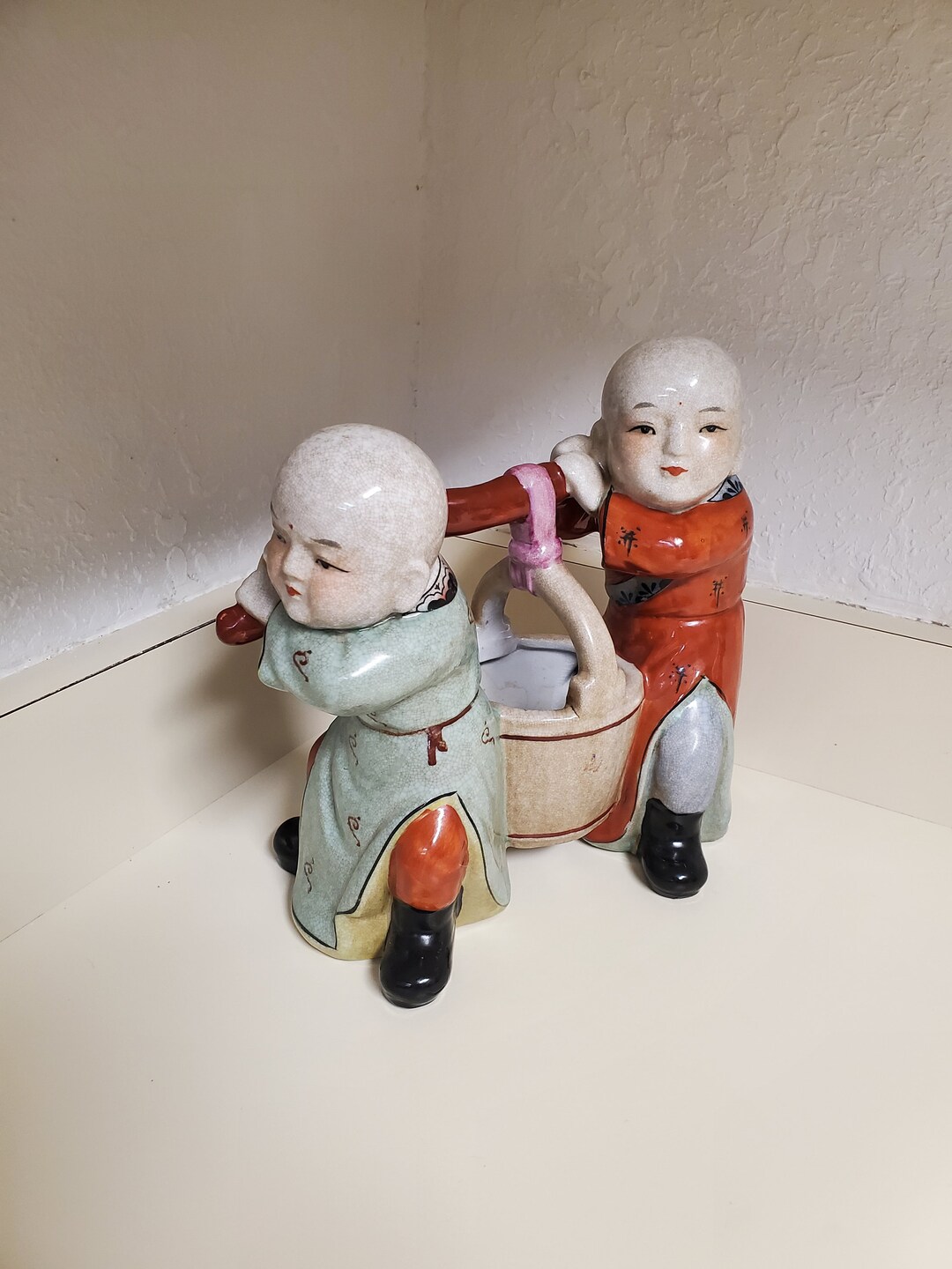 Pot Pottery Porcelain Ceramic Asian Boys Carrying Water Pail Oriental ...