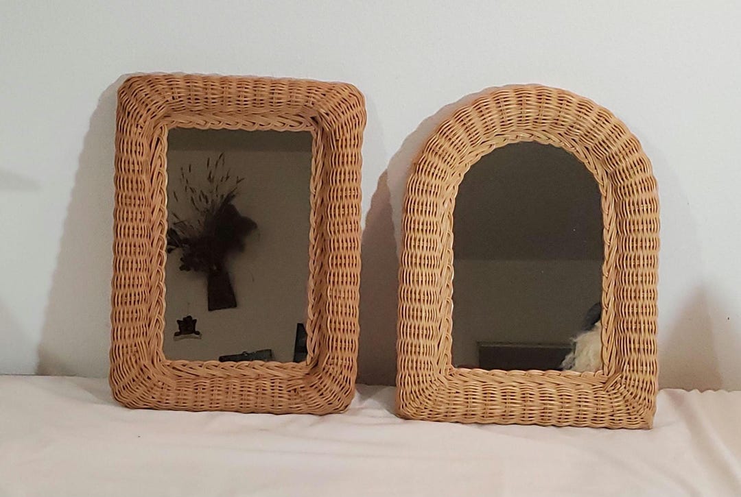 Vintage MCM Wicker Mirrors Classic Bathroom Sunroom Bedroom Square Oval ...