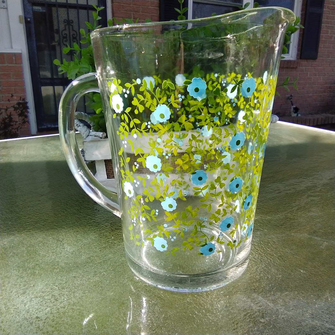 Vintage Brockway Glass Green, Blue and White Flowered Pitcher Mid ...