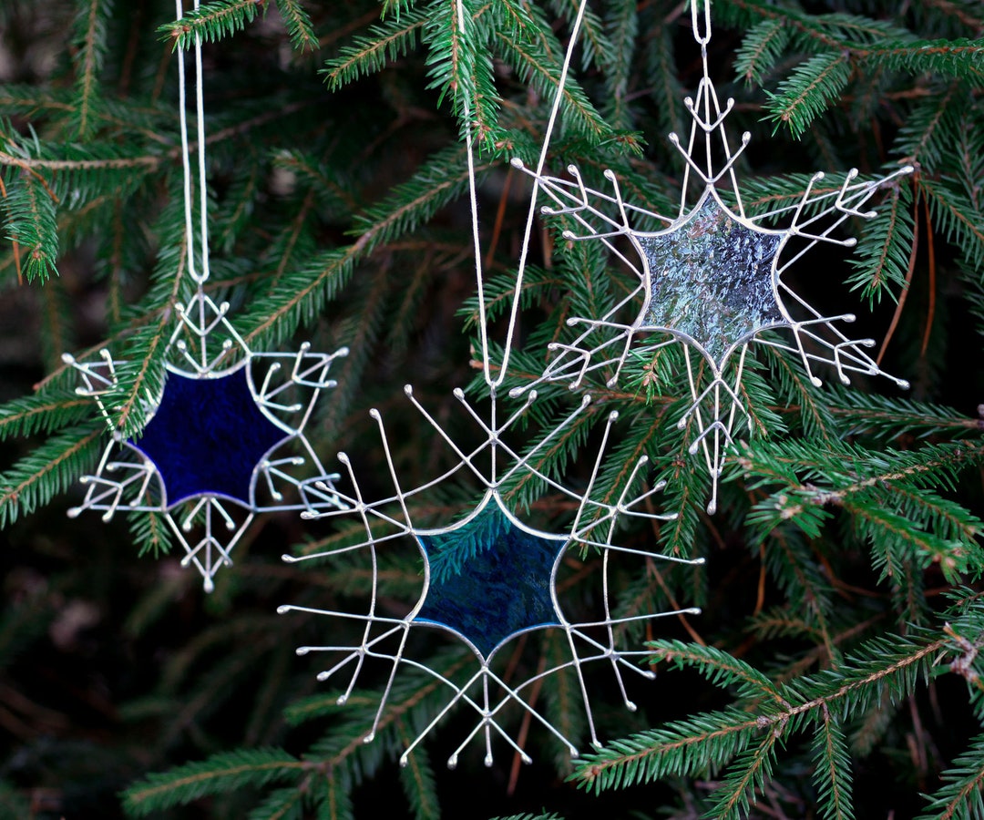 Snowflake Set of 3 Stained Glass Suncatcher, Christmas Tree Handmade ...