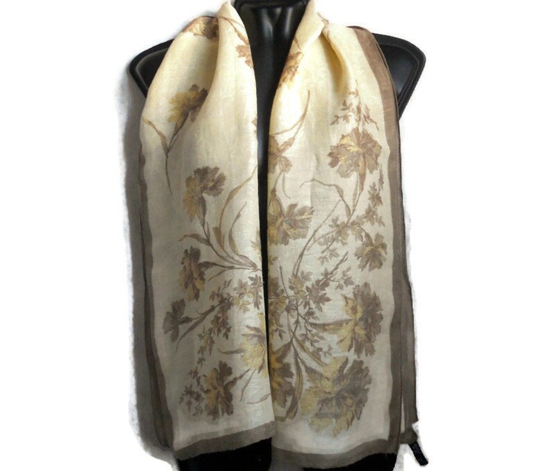 Beige Silk Linen Neck Scarf Vintage Italy Designers Floral Scarf Wrap ...