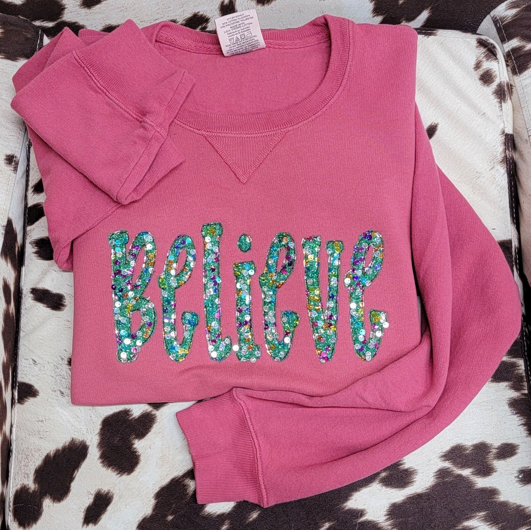Custom Comfort Colors Believe Applique Sequin Christmas Sweatshirt ...