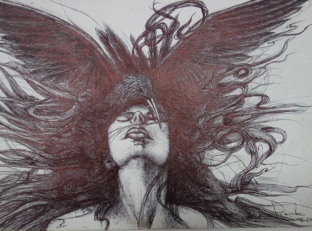 Woman Bird Hat Ballpoint Pen Ink Drawing, Flying Bird Ink on Paper ...