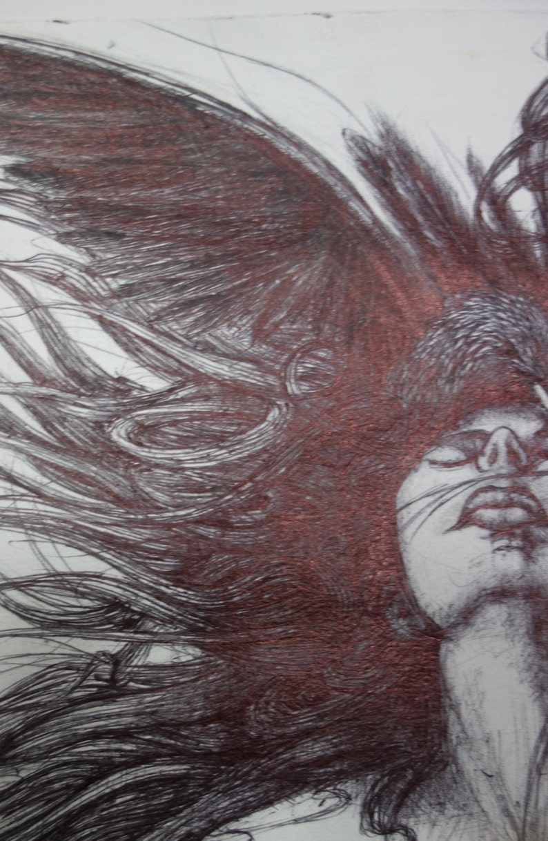 Woman Bird Hat Ballpoint Pen Ink Drawing, Flying Bird Ink on Paper ...