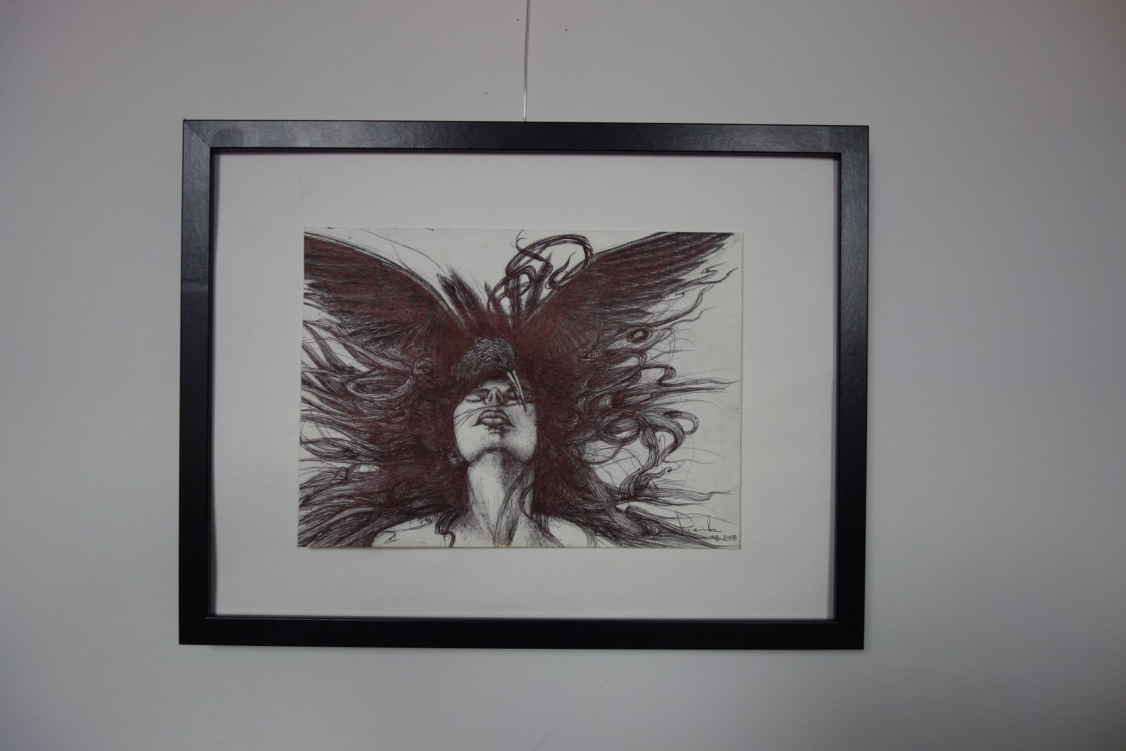 Woman Bird Hat Ballpoint Pen Ink Drawing, Flying Bird Ink on Paper ...