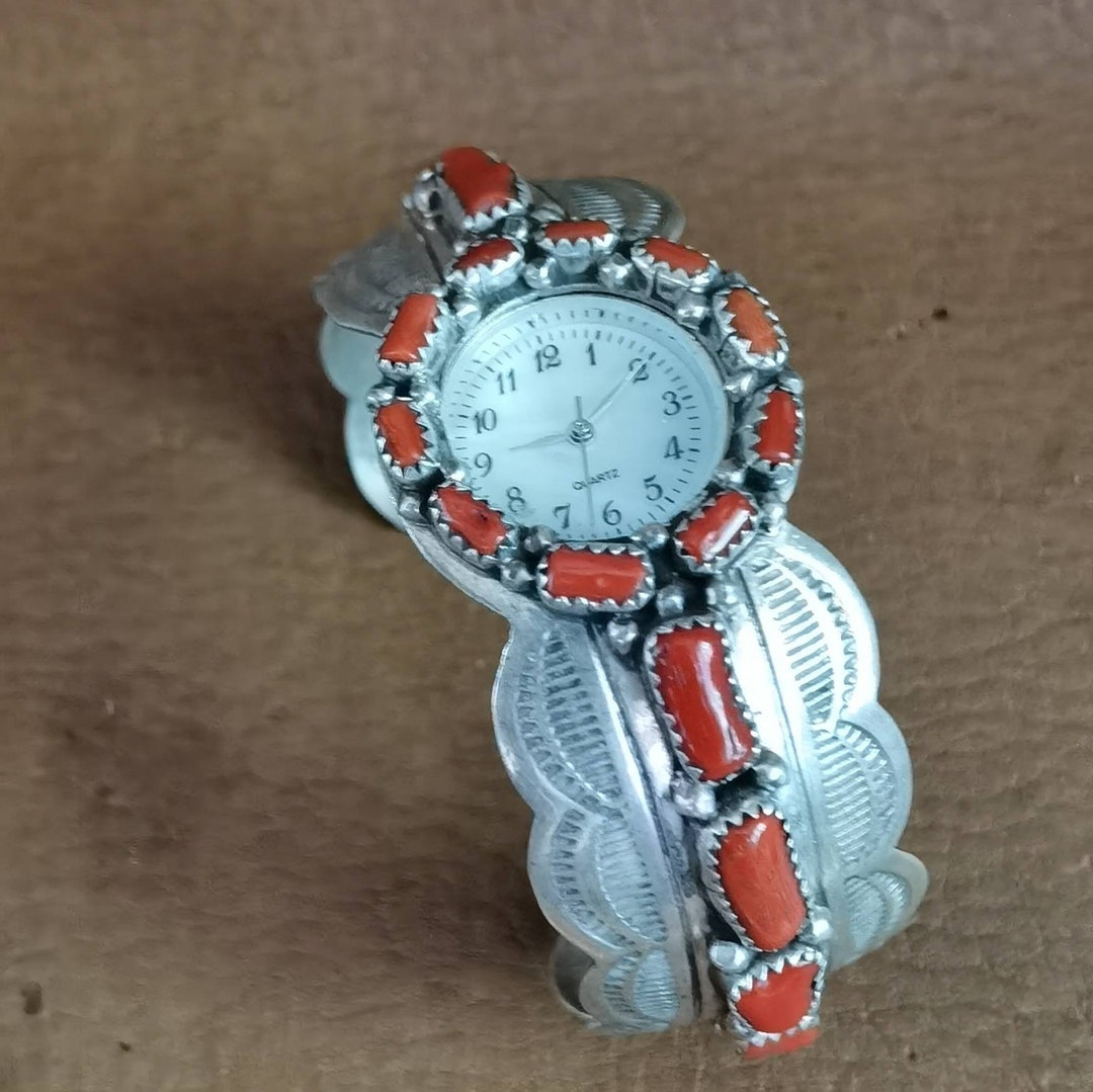 Navajo WATCH Bracelet With Coral - Etsy