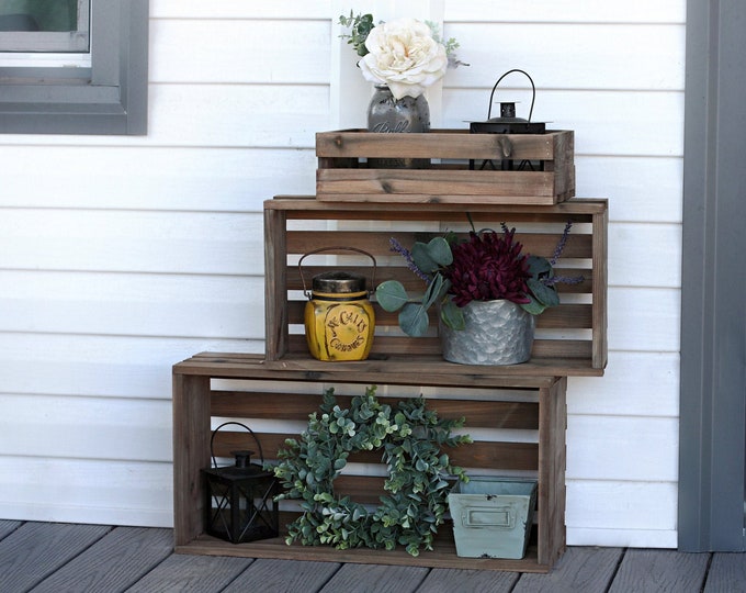 Wood Crate Boxes, Front Porch Decor, Wood Crate Shelves, Large Wood ...