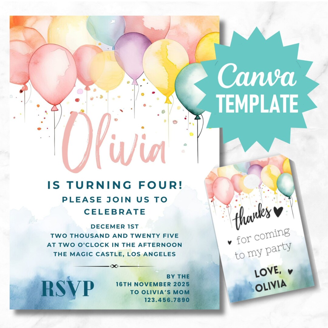 Rainbow Balloon Birthday Invitation Printable Editable for Instant ...