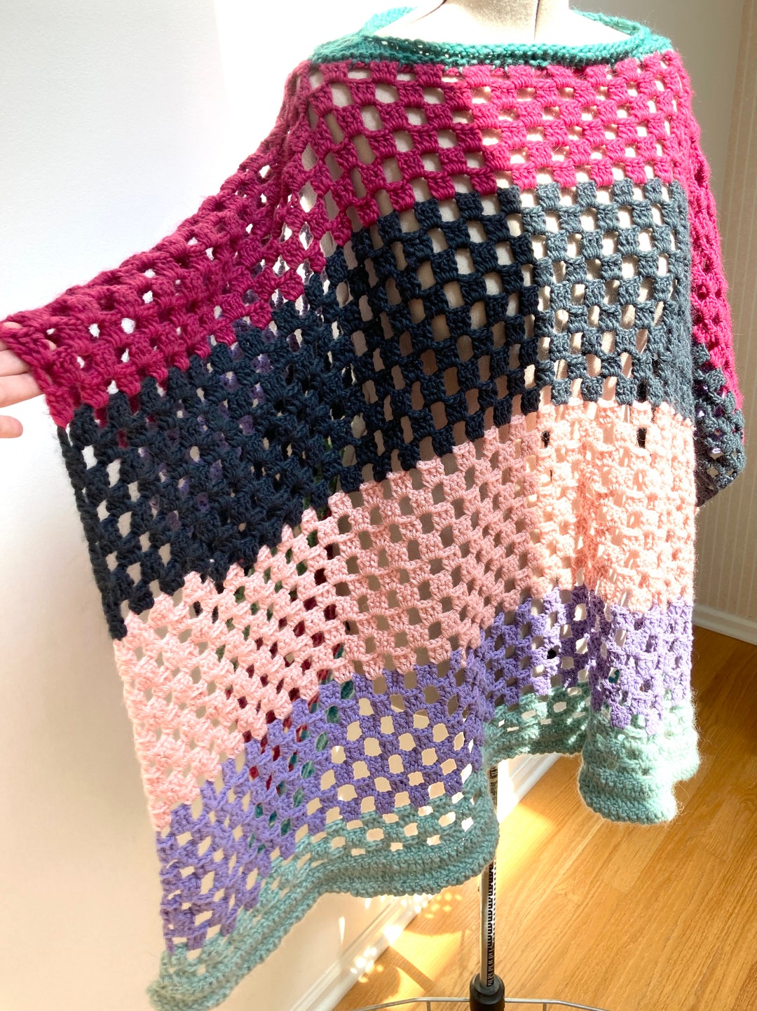 Crocheted Poncho - Large Serape - Multicolored Shawl - Crochet Openwork ...