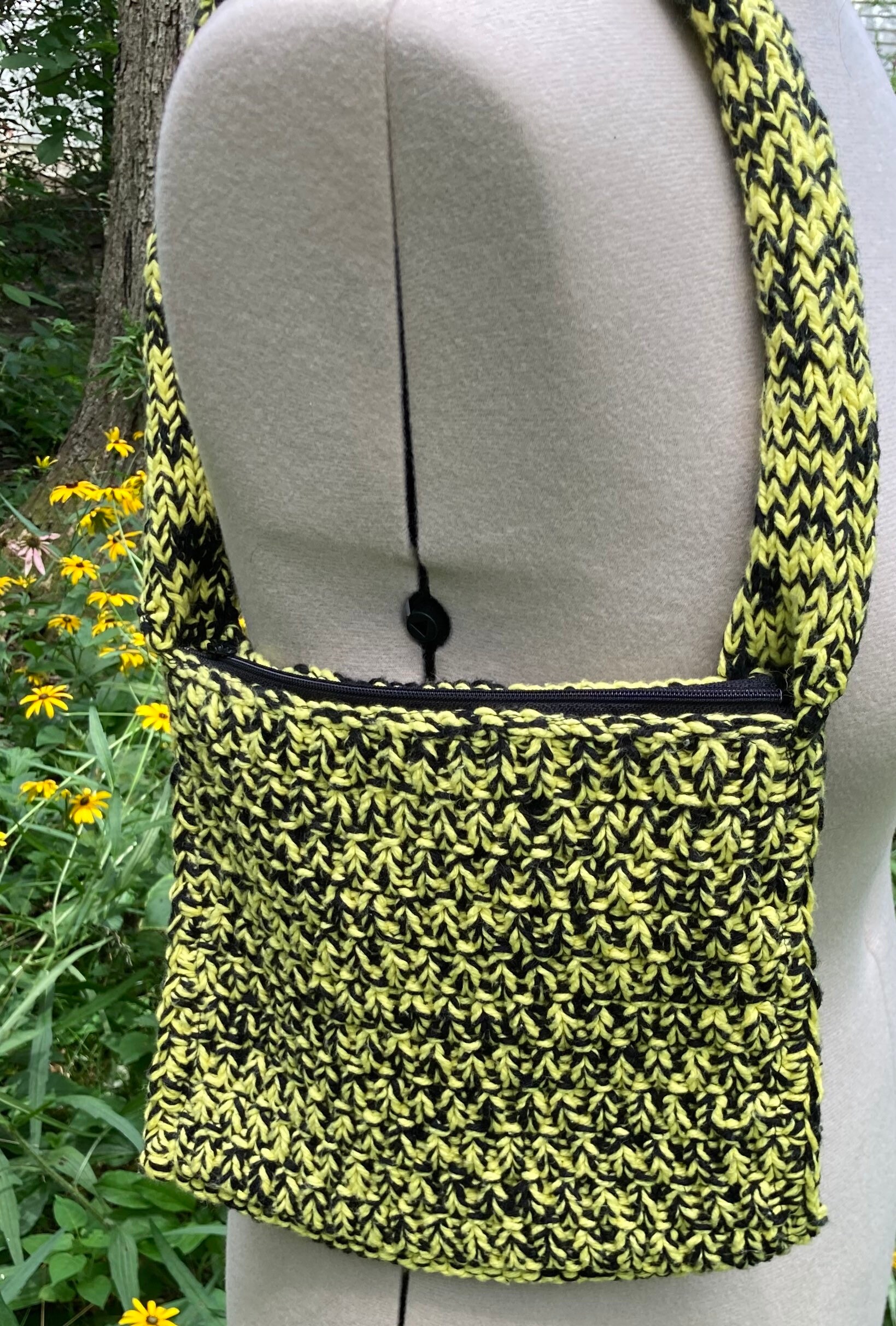 Hand Knit Purse with Silky Lining Yellow and Black Shoulder Bag Cotton ...