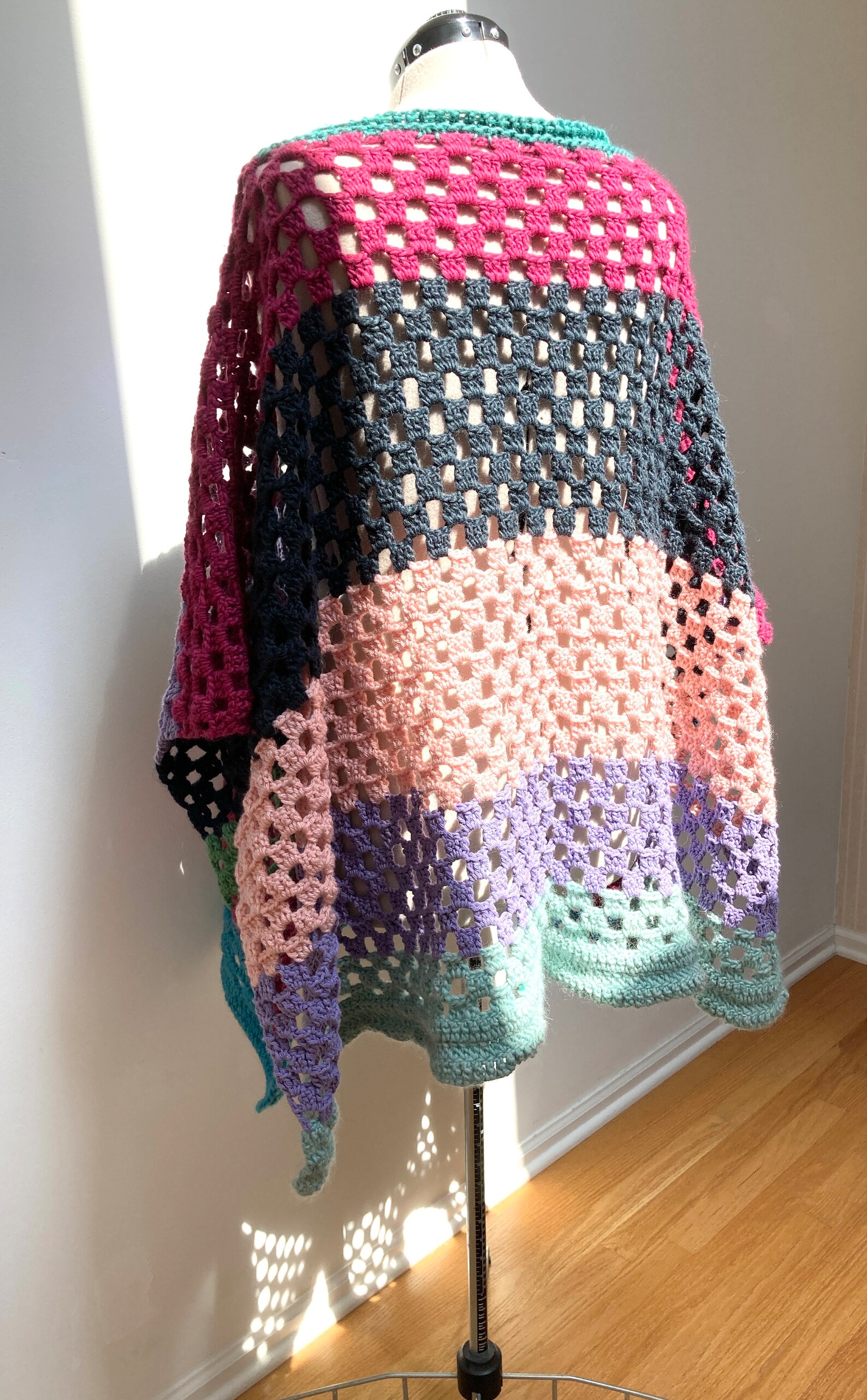 Crochet Poncho - Large Serape - Multicolored Shawl - Openwork Outerwear ...