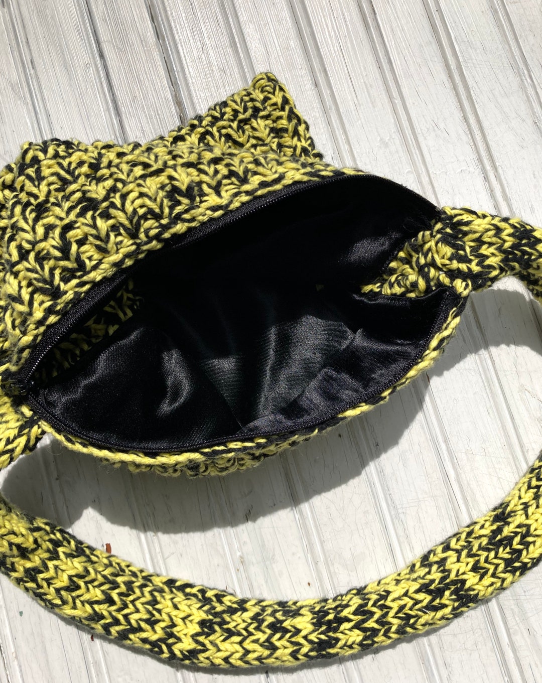 Hand Knit Purse with Silky Lining Yellow and Black Shoulder Bag Cotton ...