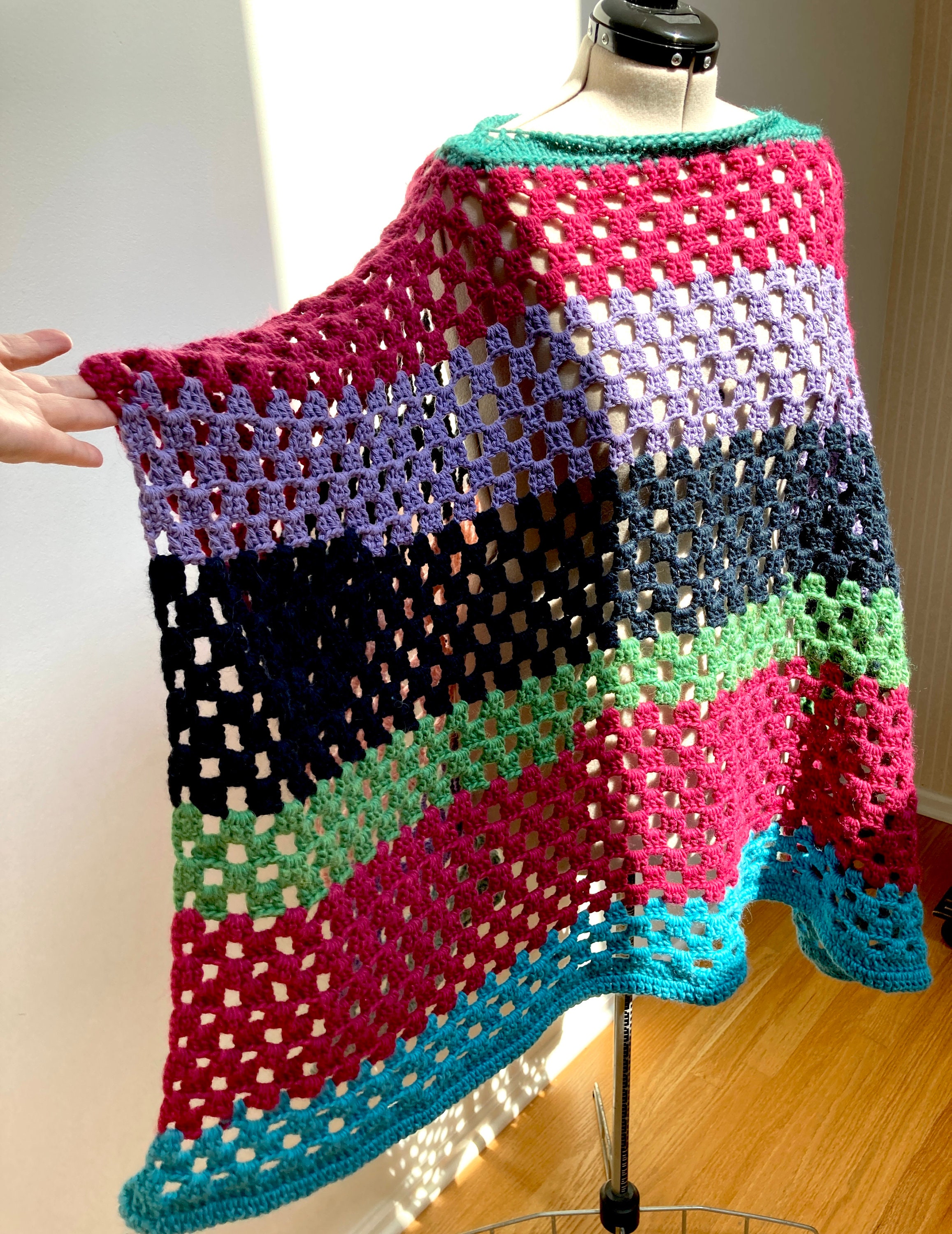 Crochet Poncho - Large Serape - Multicolored Shawl - Openwork Outerwear ...