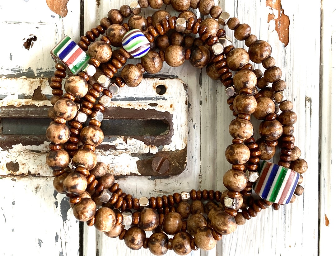 Men's Wood Bead Bracelet Set: Sterling Silver, African Glass, Handmade ...
