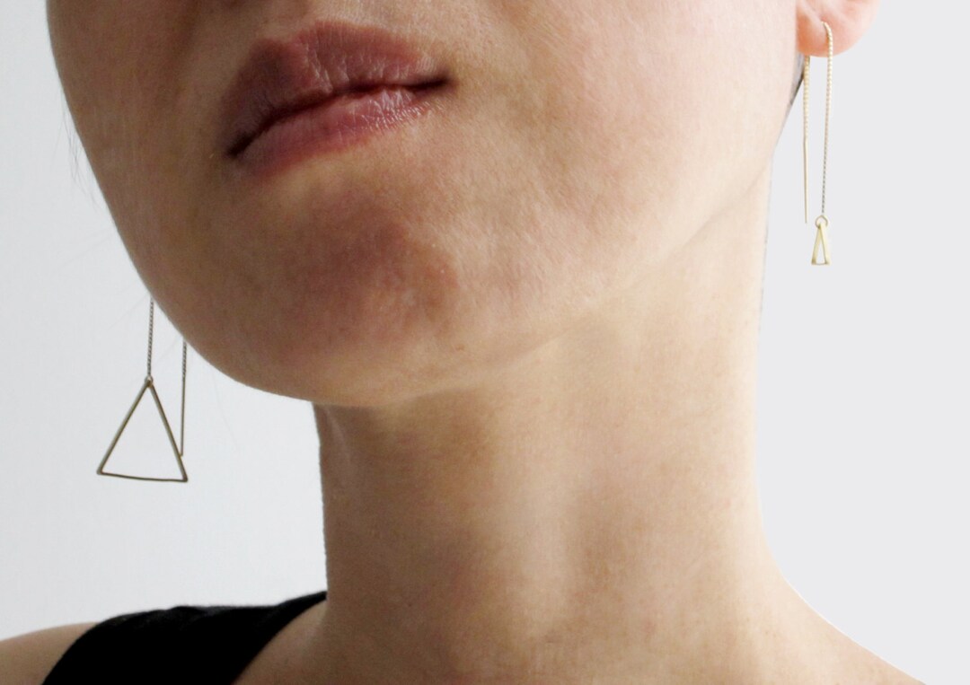 Small & Large Triangle Earrings, Thread Earrings, Long Earrings, Gold ...