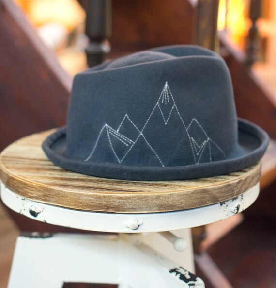 Grey wool felt trilby with decorative stitches | Etsy