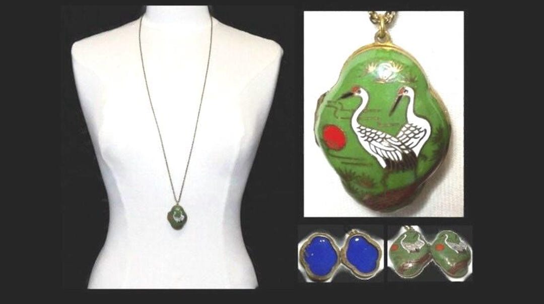Cloisonné Enamel Locket With 90cm/35" Gold Tone Chain | Crane and ...