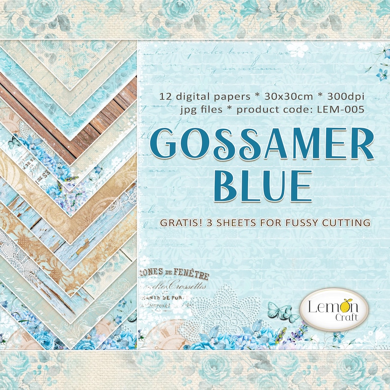Gossamer Blue Scrapbooking Paper: Vintage Floral Cardmaking (digital ...