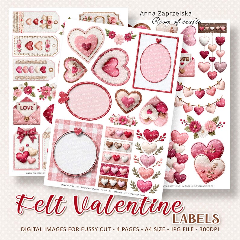 FELT VALENTINES - LABELS - Pink & Red Heart Images for Paper Crafts ...