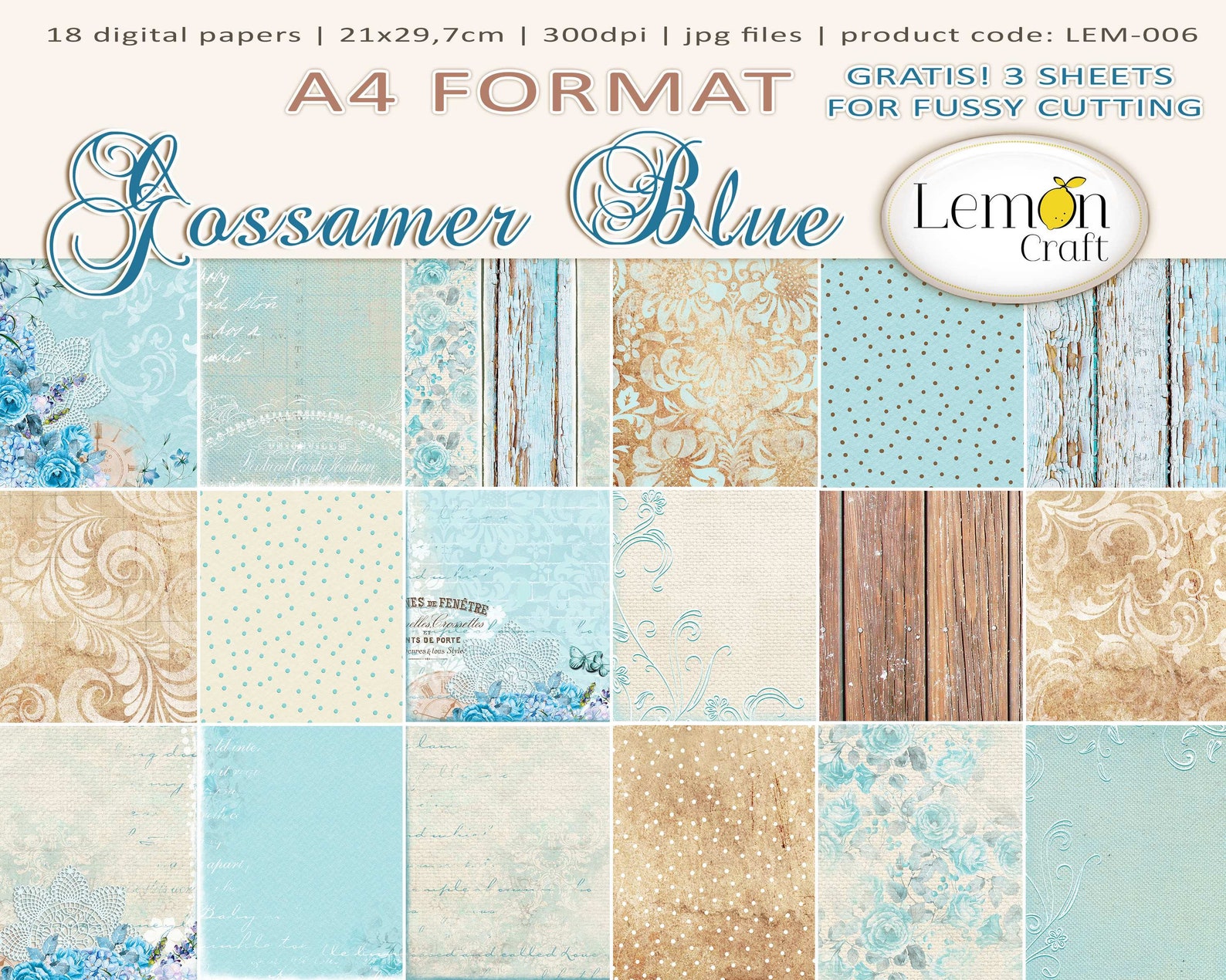 Lemoncraft GOSSAMER BLUE Papers, Digital Scrapbooking Paper Set, A4 ...