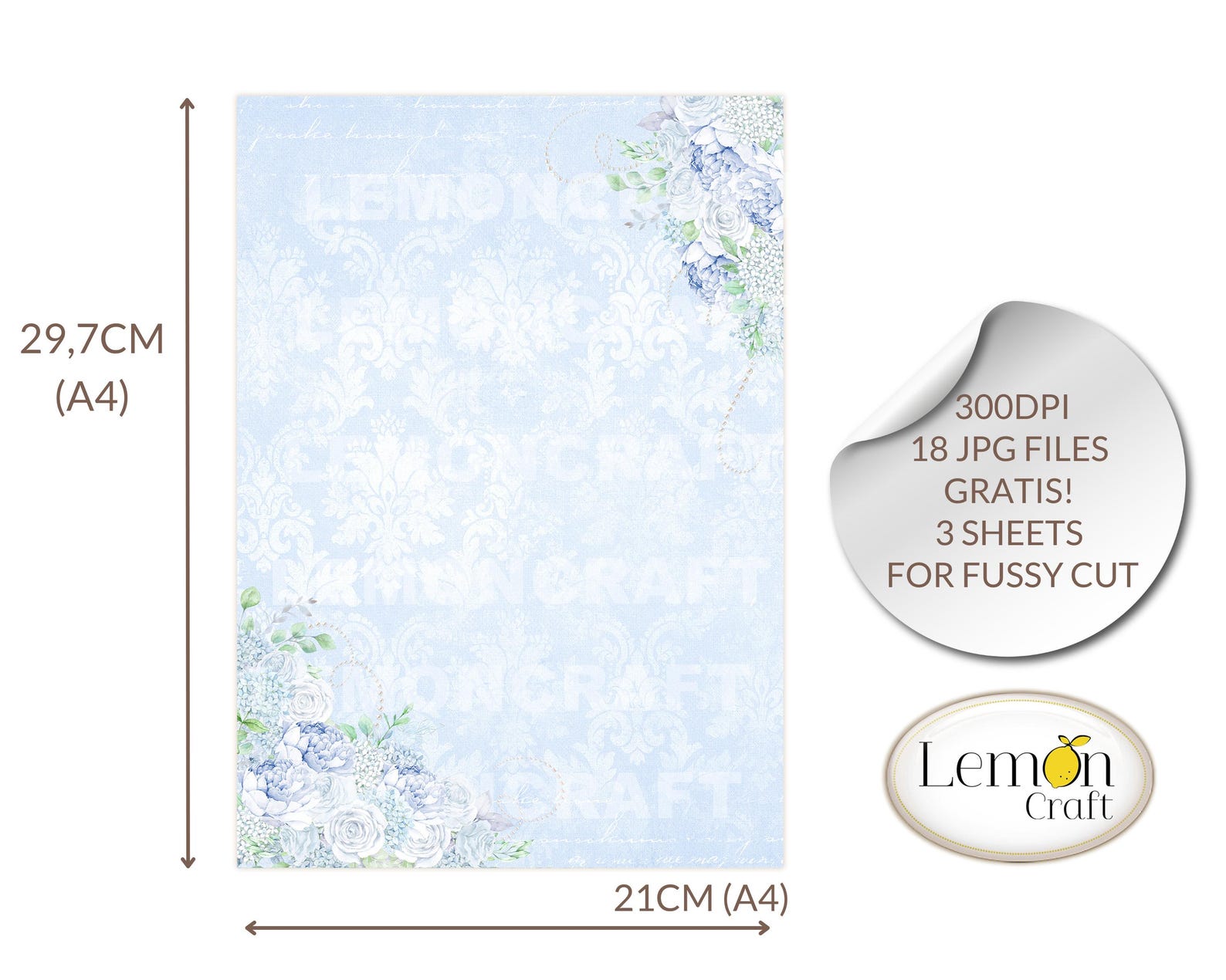 Blue Floral Scrapbook Paper: Lemoncraft Serenity A4 (digital Download ...