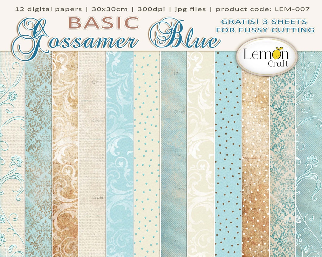 GOSSAMER BLUE BASIC Scrapbooking Paper Set, Lemoncraft Digital Papers ...
