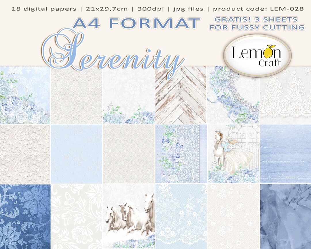 Blue Floral Scrapbook Paper: Lemoncraft Serenity A4 (digital Download ...