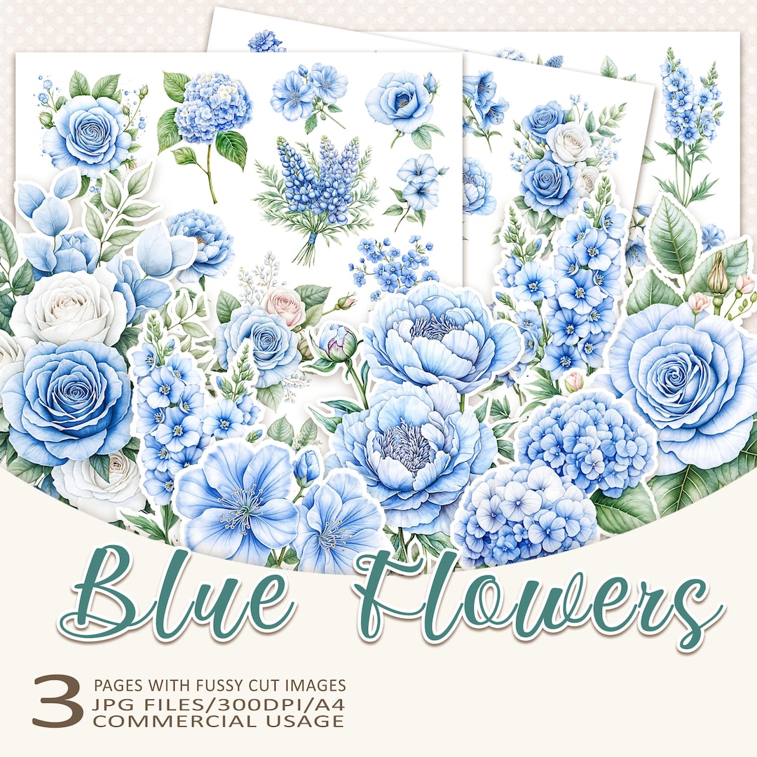 BLUE FLOWERS Printable Set - Watercolor Fussy Cut Images for Handmade ...