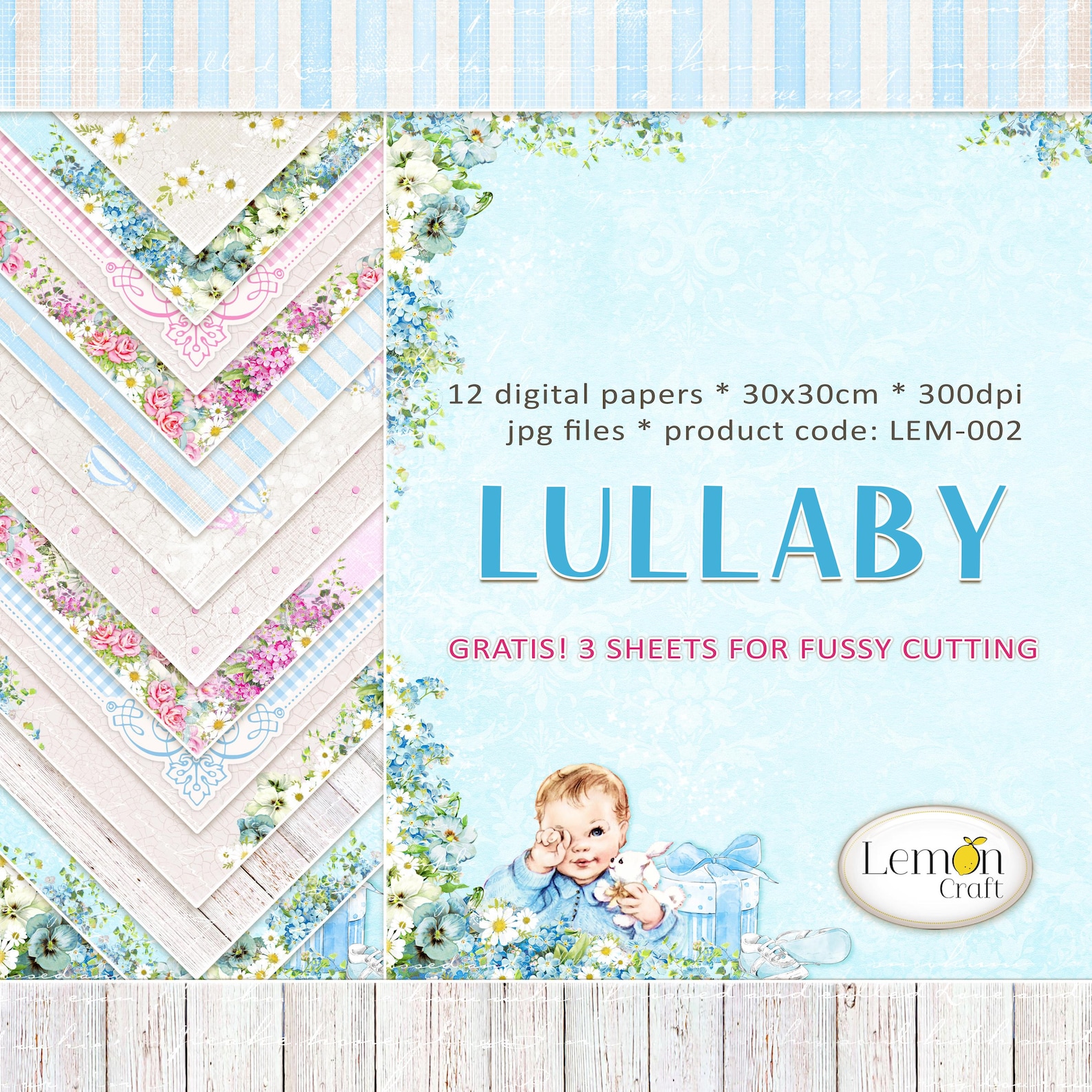 Lemoncraft Lullaby, Baby Themed Papers, Digital Scrapbooking Paper Set ...