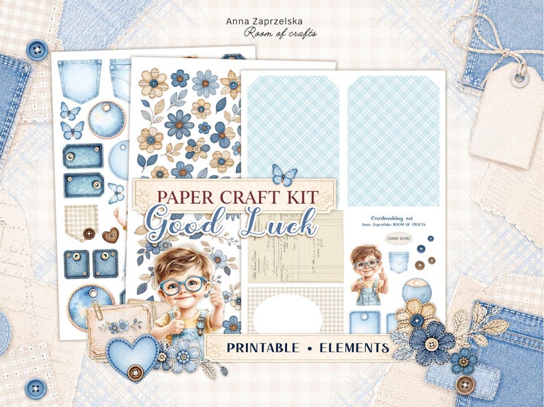 Paper craft kits, printable card making and scrapbooking kit, denim ...