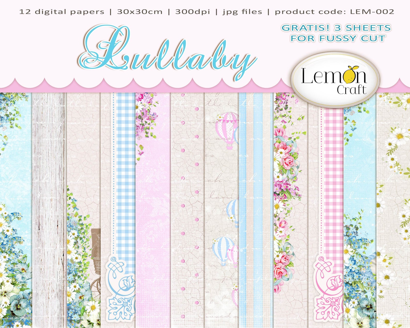 Lemoncraft Lullaby, Baby Themed Papers, Digital Scrapbooking Paper Set ...