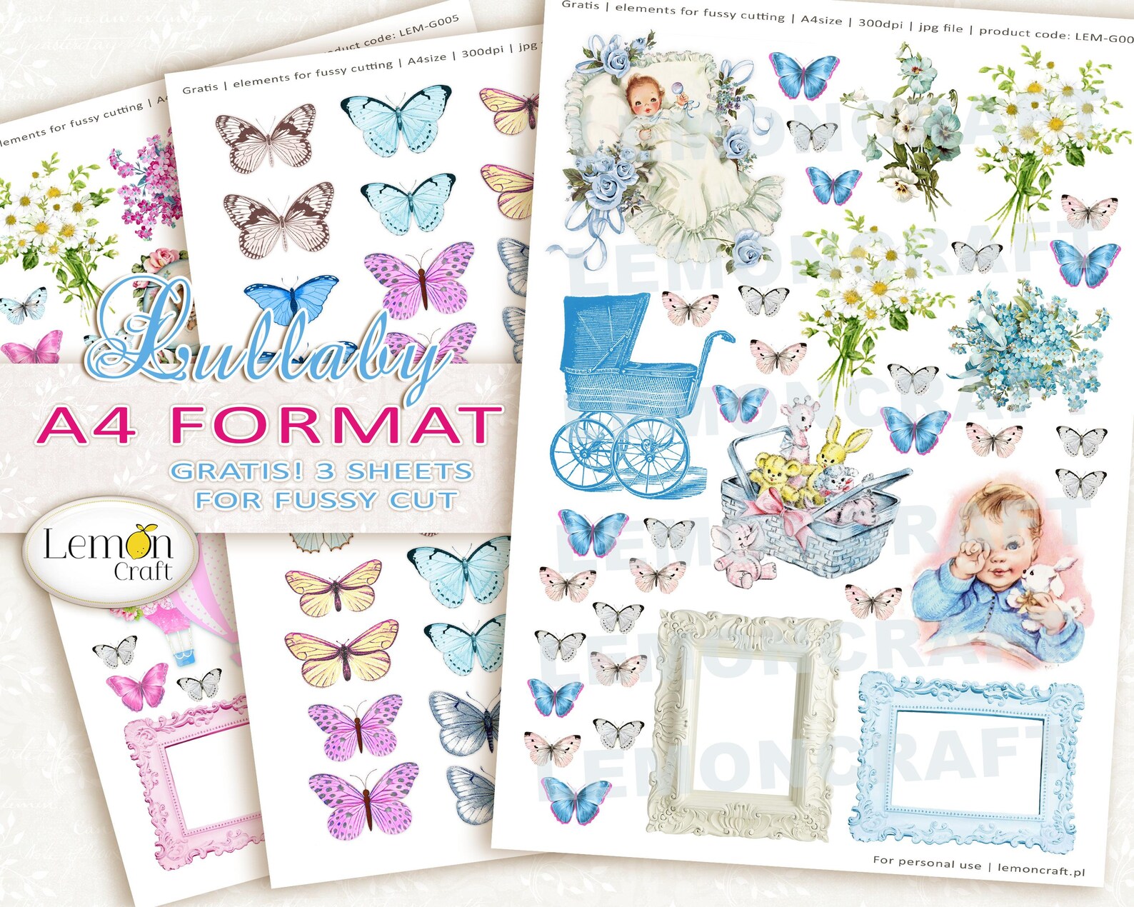 Lemoncraft Lullaby, Baby Themed Papers, Digital Scrapbooking Paper Set ...