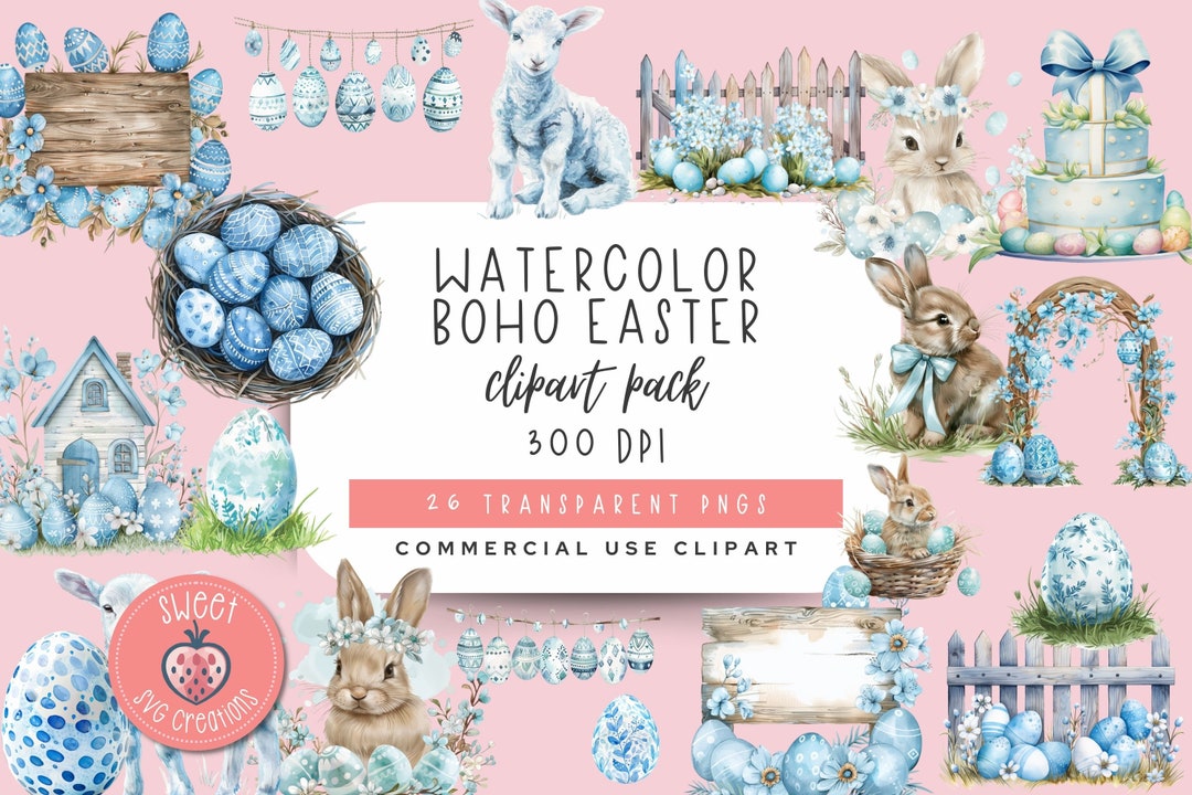 Watercolor Boho Easter Clipart: Farmhouse Spring PNG (commercial Use ...