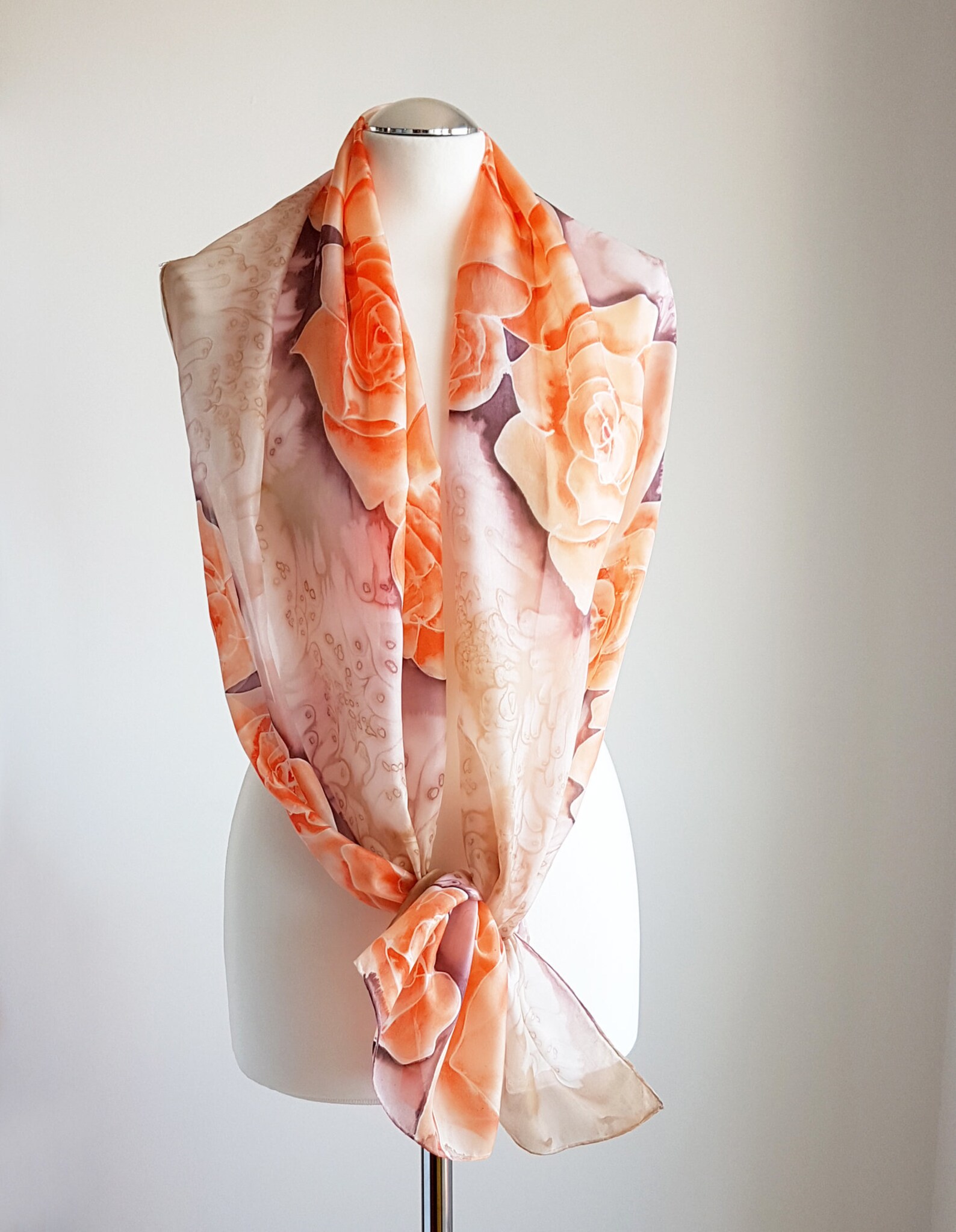 Long Silk Painted Roses Shawl,hand-painted Silk Scarf in Orange Roses ...