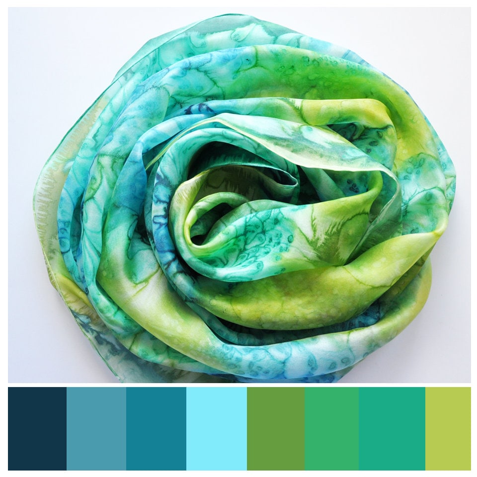 Shawl in the Colors of the Ocean, Hand Painted Silk Scarf, Hand Dyed ...