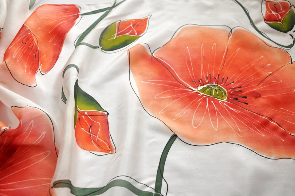 Hand Painted Silk Scarf With Poppies, Hand Dyed Silk Poppy Shawl, Red ...