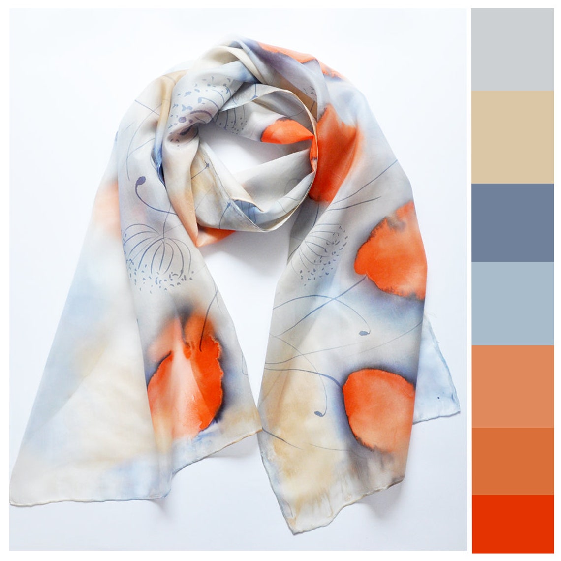 Long Silk Scarf With Poppies Hand Painted Poppy Scarf orange Poppies ...