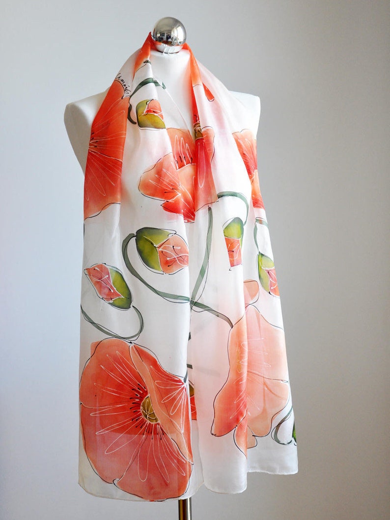 Hand Painted Silk Scarf With Poppies, Hand Dyed Silk Poppy Shawl, Red ...
