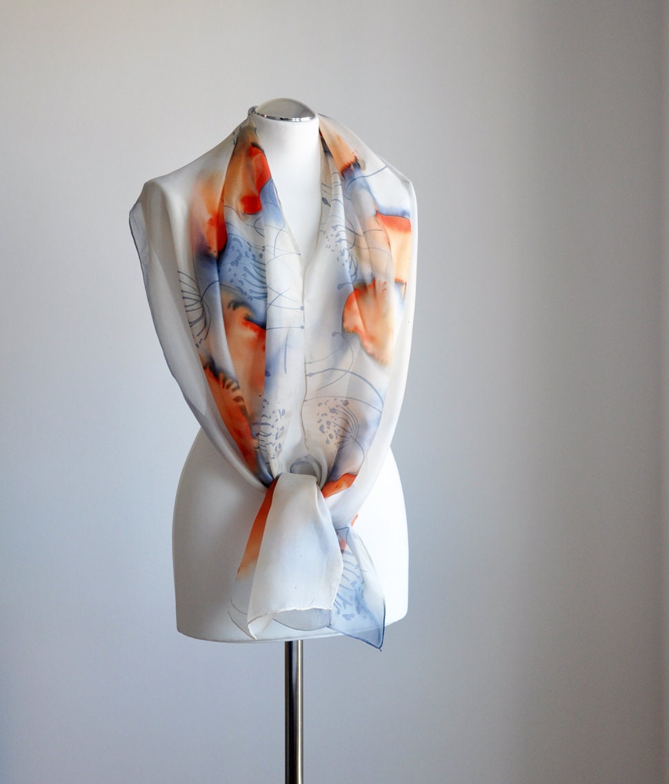 Long Silk Scarf With Poppies Hand Painted Poppy Scarf orange Poppies ...
