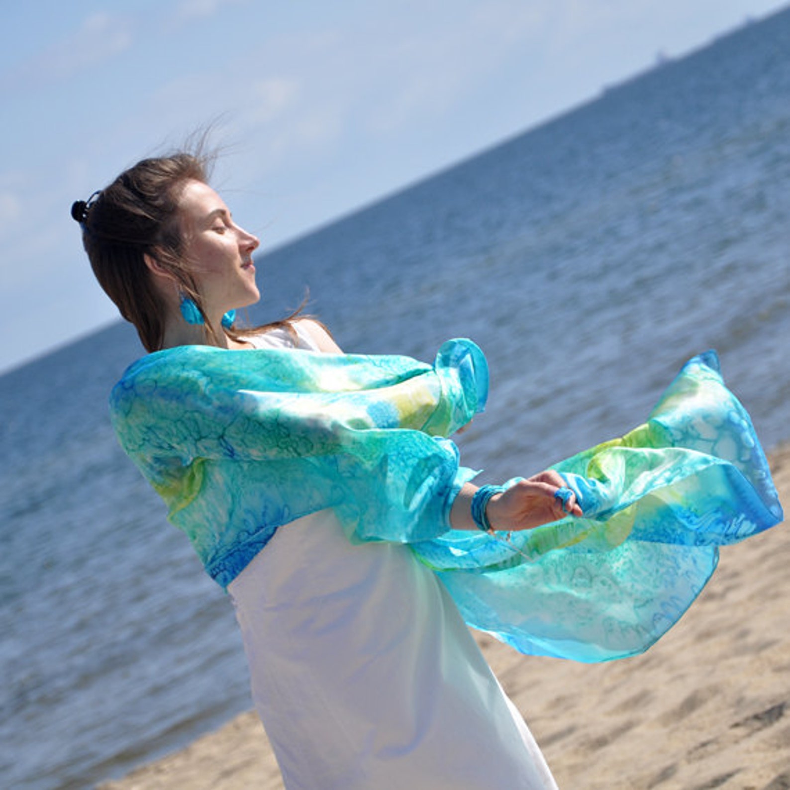 Shawl in the Colors of the Ocean, Hand Painted Silk Scarf, Hand Dyed ...