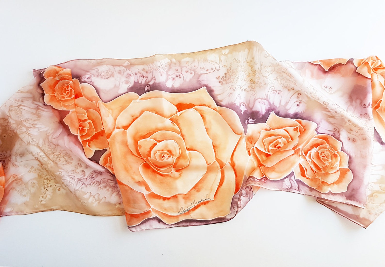 Long Silk Painted Roses Shawl,hand-painted Silk Scarf in Orange Roses ...